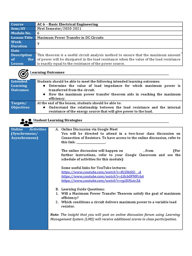 AC 6 - Basic Electrical Engineering: Course Sem/AY Module No. Lesson ...