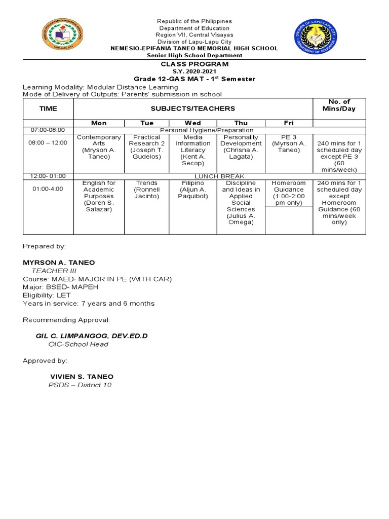 Class Program Grade 12-GAS MAT - 1 Semester | PDF | Schools