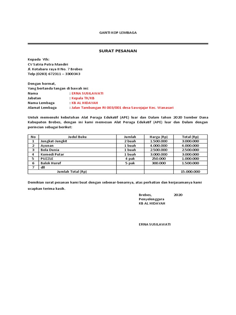 Contoh SPJ BENDEL PESANAN SEDERHANA APE | PDF