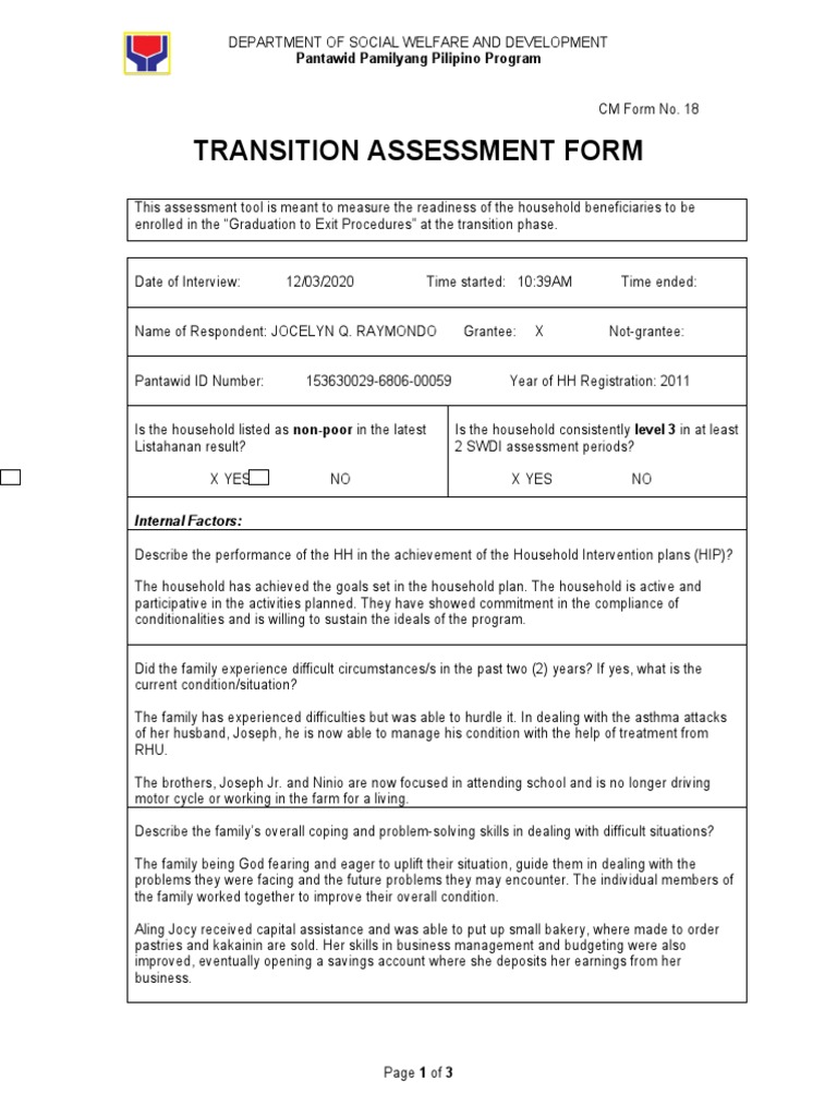 Transition Assessment Form: Pantawid Pamilyang Pilipino Program | PDF ...