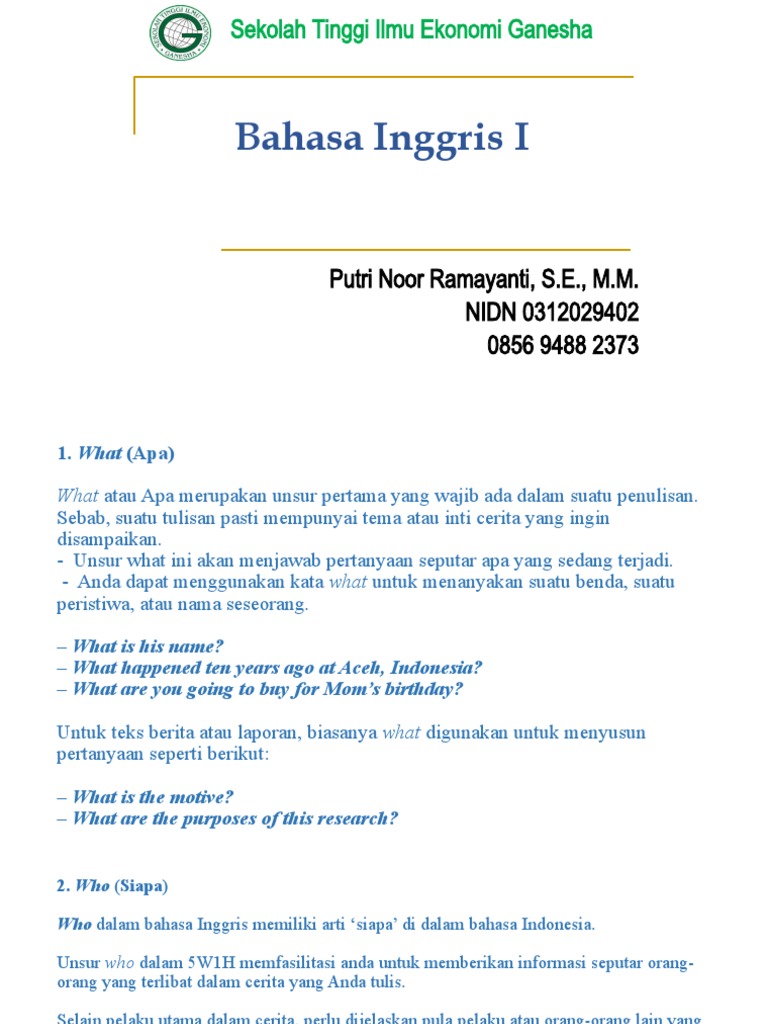 Bahasa Inggris 5W1H | PDF | Ilmu Sosial | Kajian Bahasa Asing