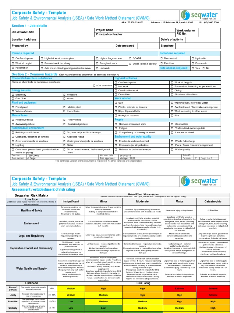 Corporate Safety - Template: Job Safety & Environmental Analysis (JSEA ...