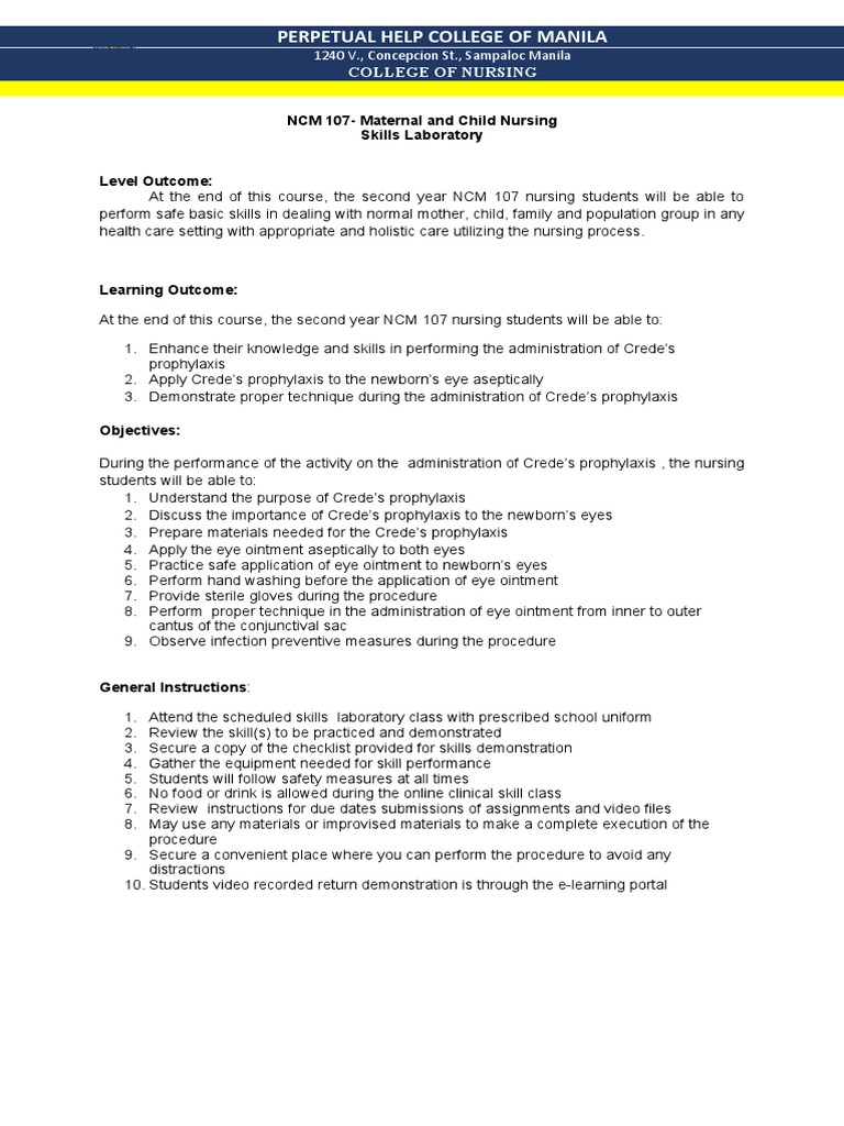 NCM 107 Skills - Checklist For Administration of Credes Prophylaxis ...