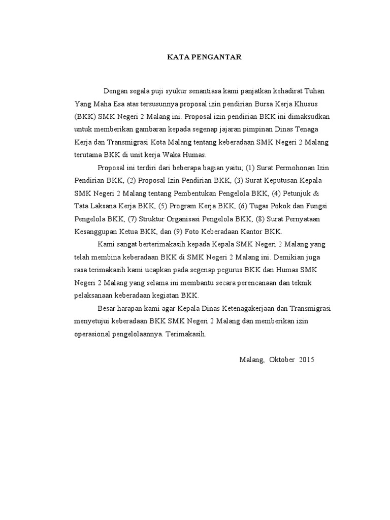 Kata Pengantar Proposal BKK | PDF