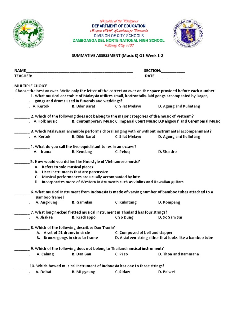 Music 8 Summative Assessment Q1 | PDF | Musical Instruments | String ...