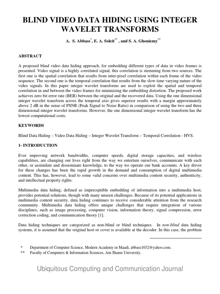 Blind Video Data Hiding Using Integer Wavelet Transforms 9 9 Pdf