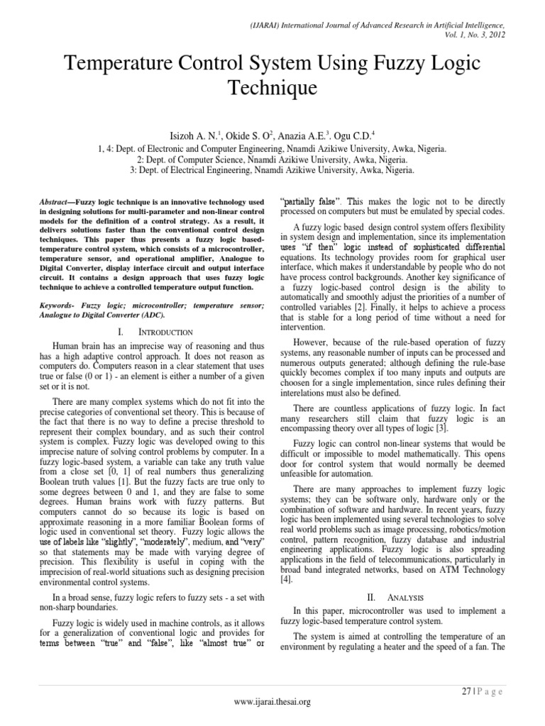 Temperature Control System Using Fuzzy Logic Techn Pdf Fuzzy Logic Control System