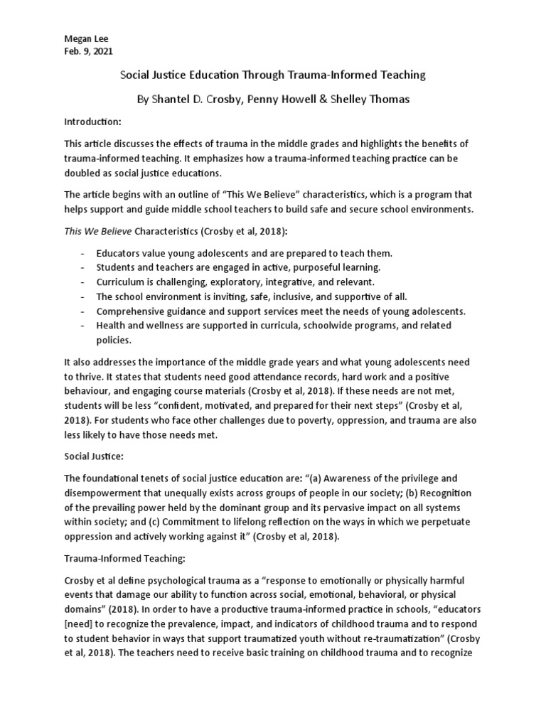 Trauma-Informed Teaching for Social Justice | PDF | Classroom ...