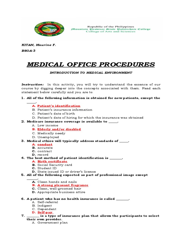 Medical Office Procedures: KITAN, Maurine F. BSOA-3 | PDF | Patient ...