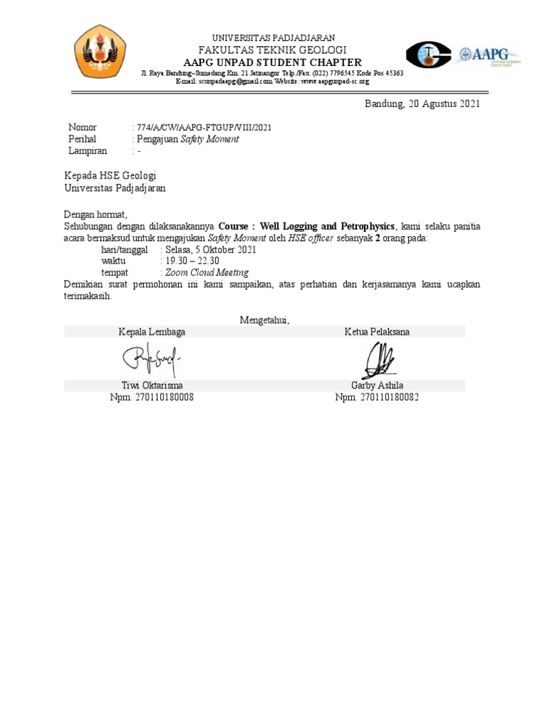 (Surat Permohonan HSE Officer) Course Well Logging and Petrophysics (5 Oktober 2021) | PDF