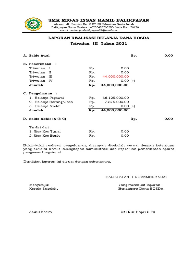 Format Laporan Realisasi Belanja Dana BOSDA TW 3 2021 | PDF