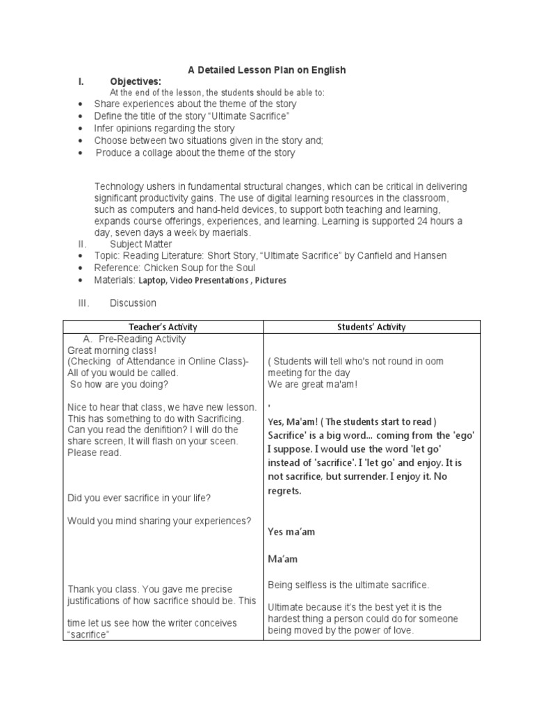 Lesson Plan: The Ultimate Sacrifice | PDF | Lesson Plan
