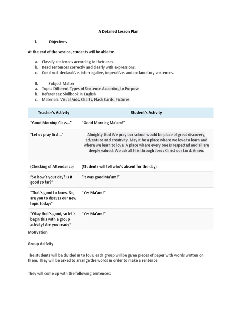 A Detailed Lesson Plan: Motivation Group Activity | PDF | Question ...