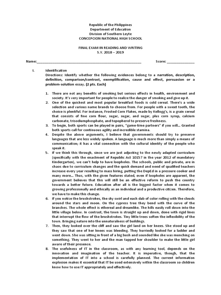 Definition, Comparison/contrast, Exemplification, Cause and Effect ...