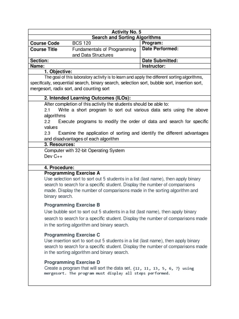 Activity 5 Search And Sorting Algorithms Pdf Algorithms Theoretical Computer Science 