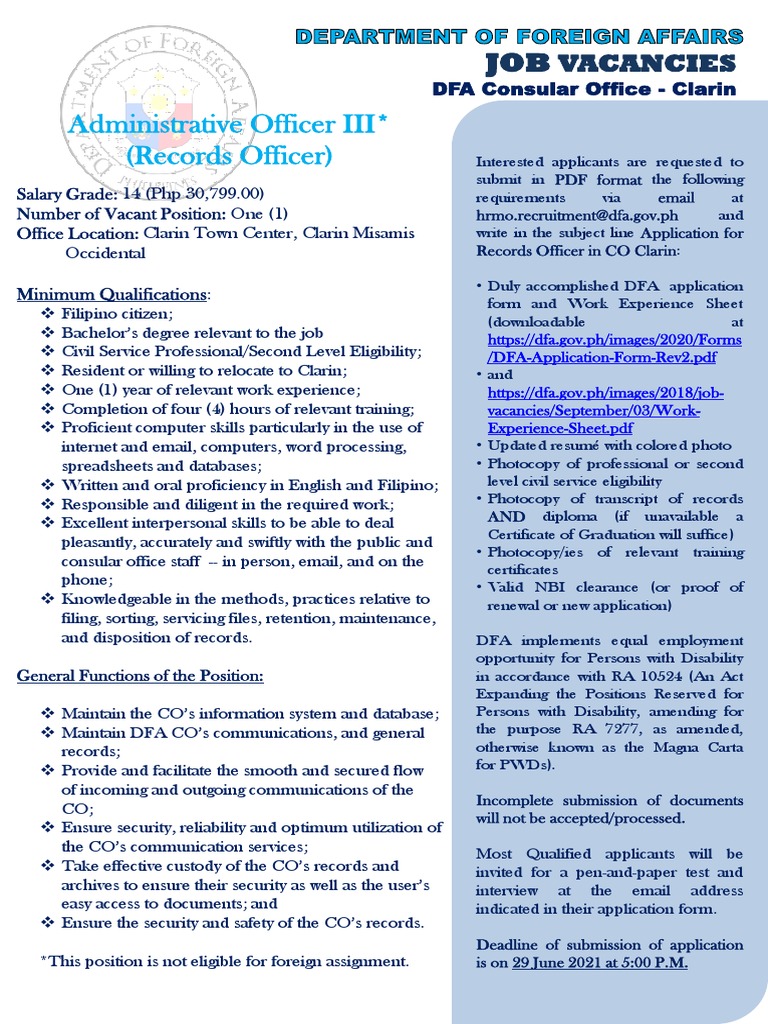 Administrative Officer III Records Officer - CO Clarin 20210614 1 | PDF ...
