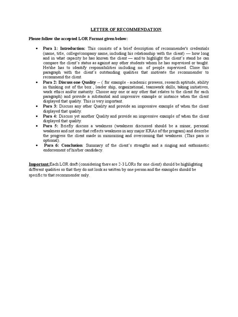 Letter of Recommendation Please Follow The Accepted LOR Format Given ...