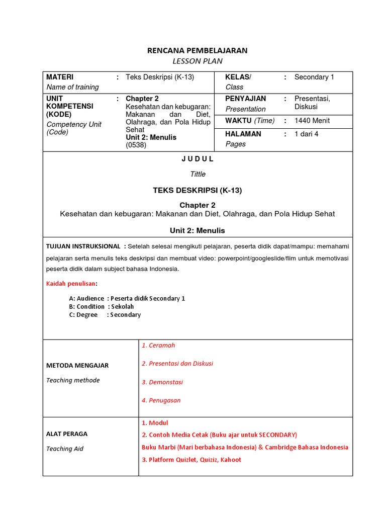 Lesson Plan Bahasa Indonesia Sec1 | PDF