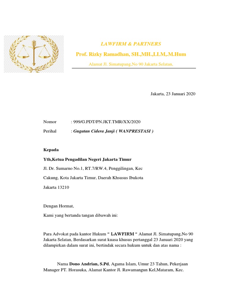 Surat Gugatan Perdata Wanprestasi | PDF