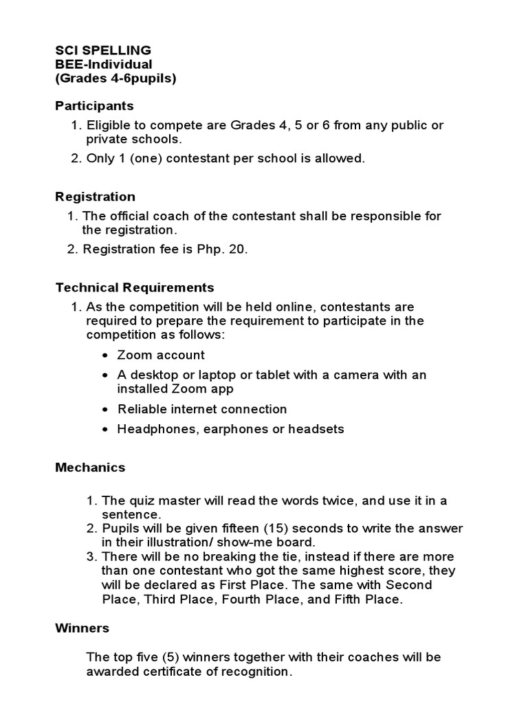Sci Spelling BEE-Individual (Grades 4-6pupils) Participants | PDF