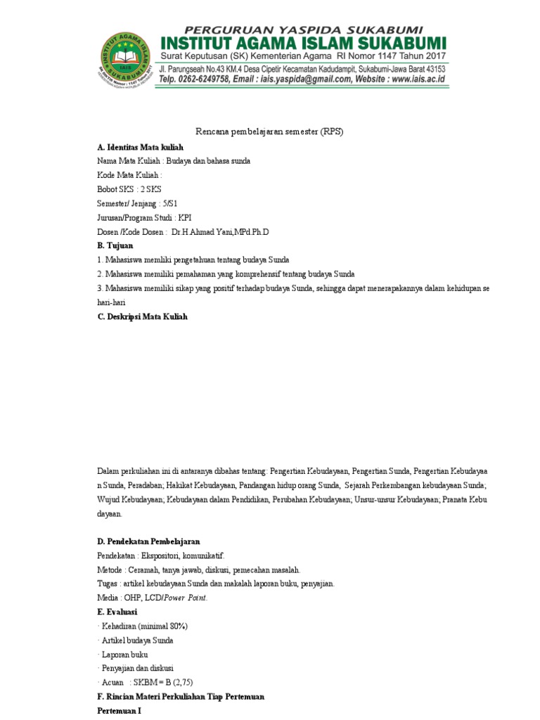 RPS Bahasa Sunda Semester 5 | PDF