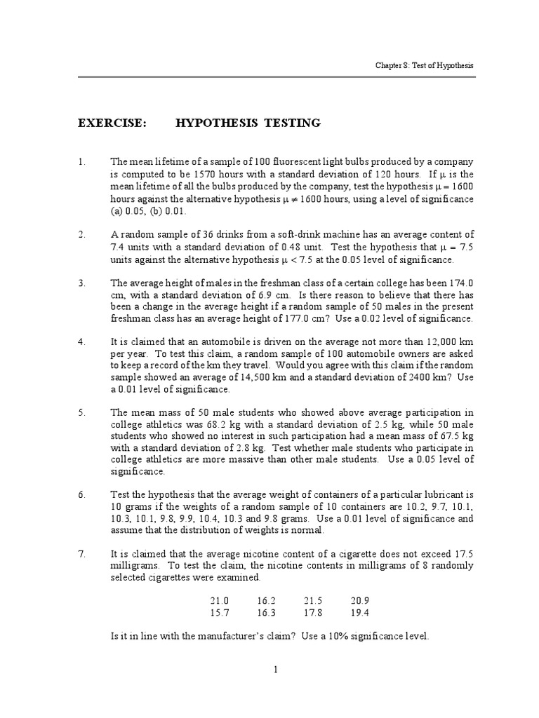 Exercise: Hypothesis Testing: Chapter 8: Test of Hypothesis | PDF ...
