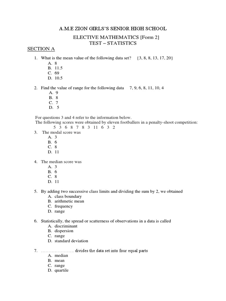 Statistics Test for Senior High Students | PDF | Mean | Median
