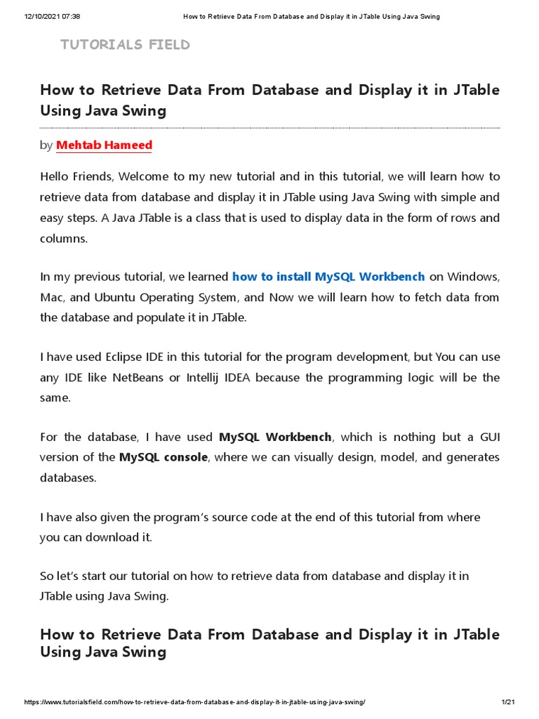 How To Retrieve Data From Database and Display It in JTable Using Java Swing | Download Free PDF ...