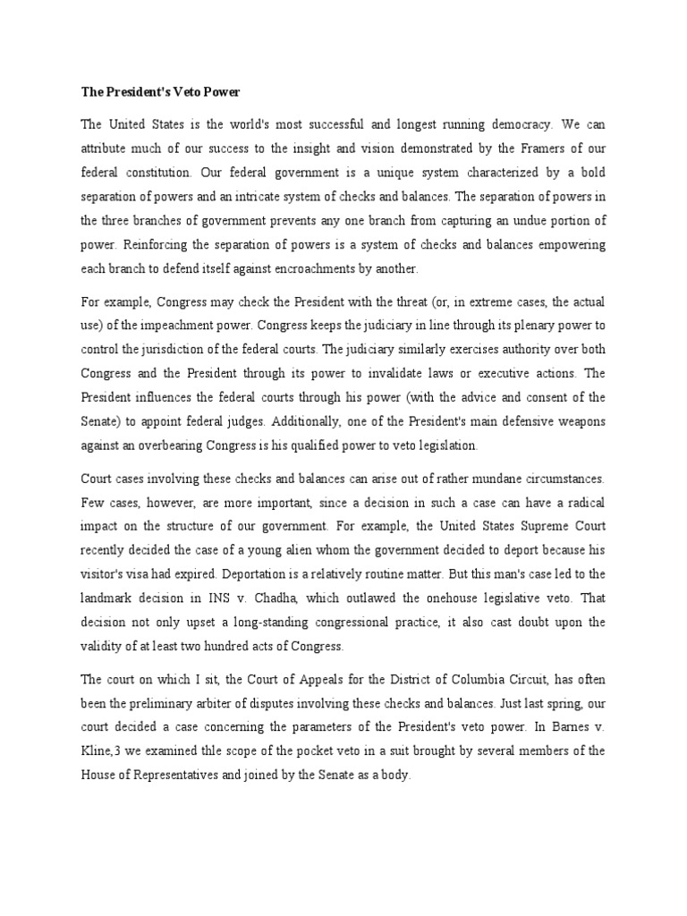 The President's Veto Power | PDF | Separation Of Powers Under The ...