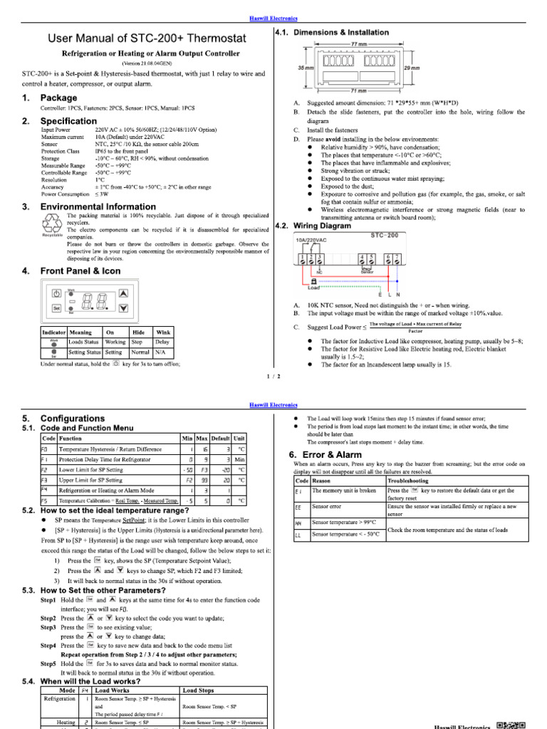 Thermostat STC-200 User Manual - 2021 Update | PDF | Temperature | Electronics