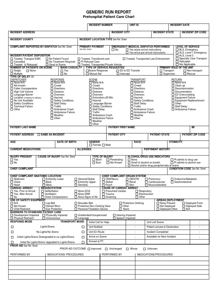 Generic Run Report: Prehospital Patient Care Chart | PDF | Emergency ...
