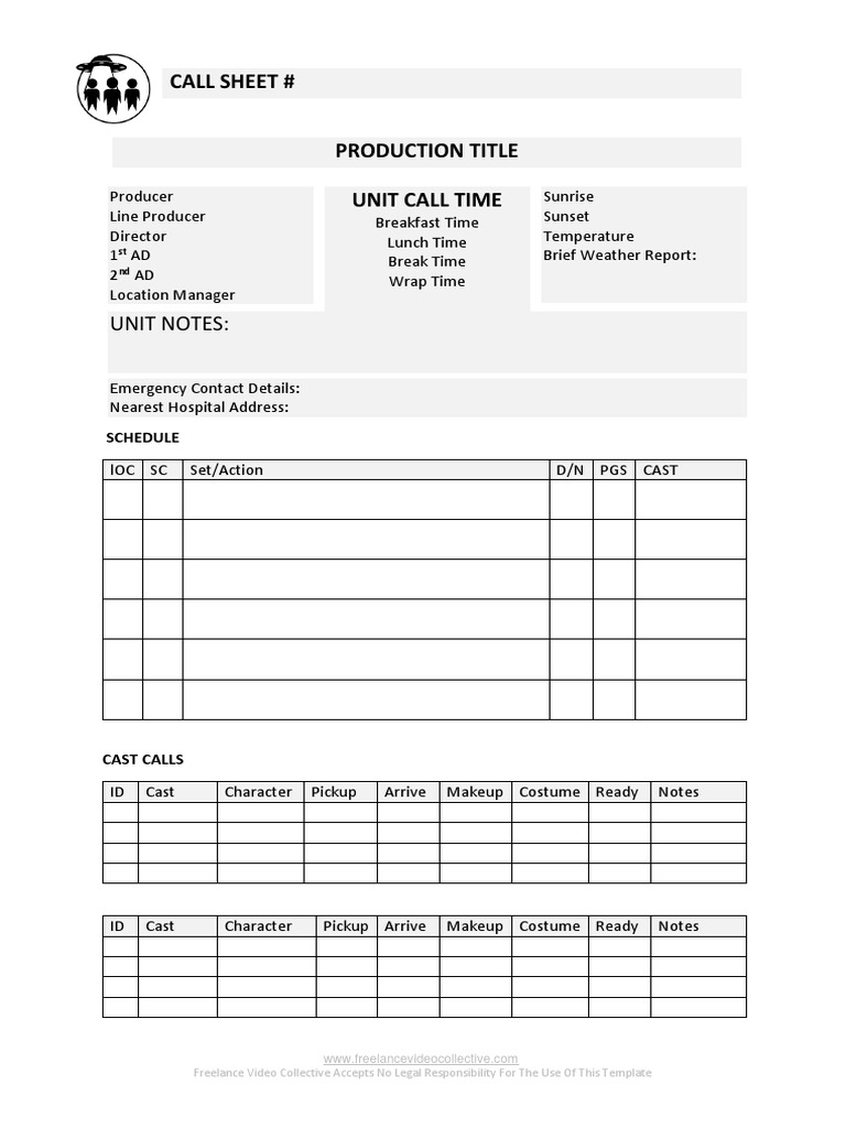 Production Call Sheet for [DATE]: Filming of Untitled Project at ...