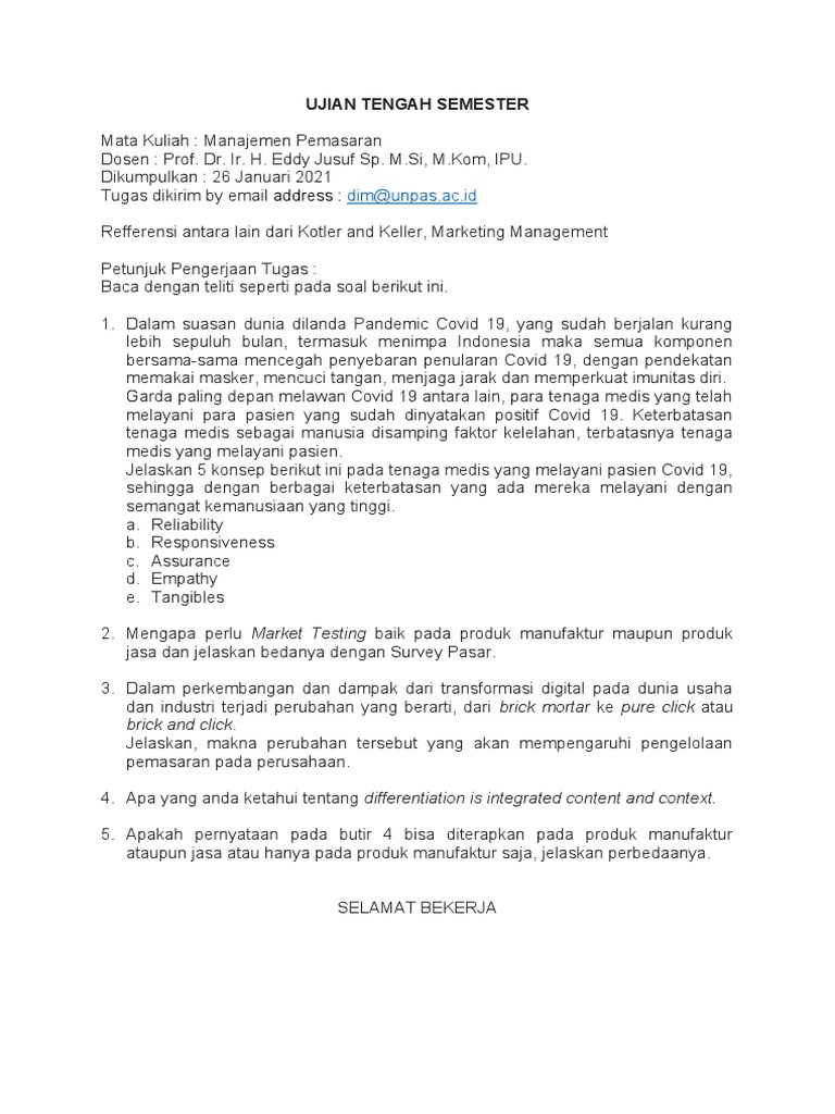 Soal UTS Manajemen Pemasaran Prof Eddy Jusuf | PDF