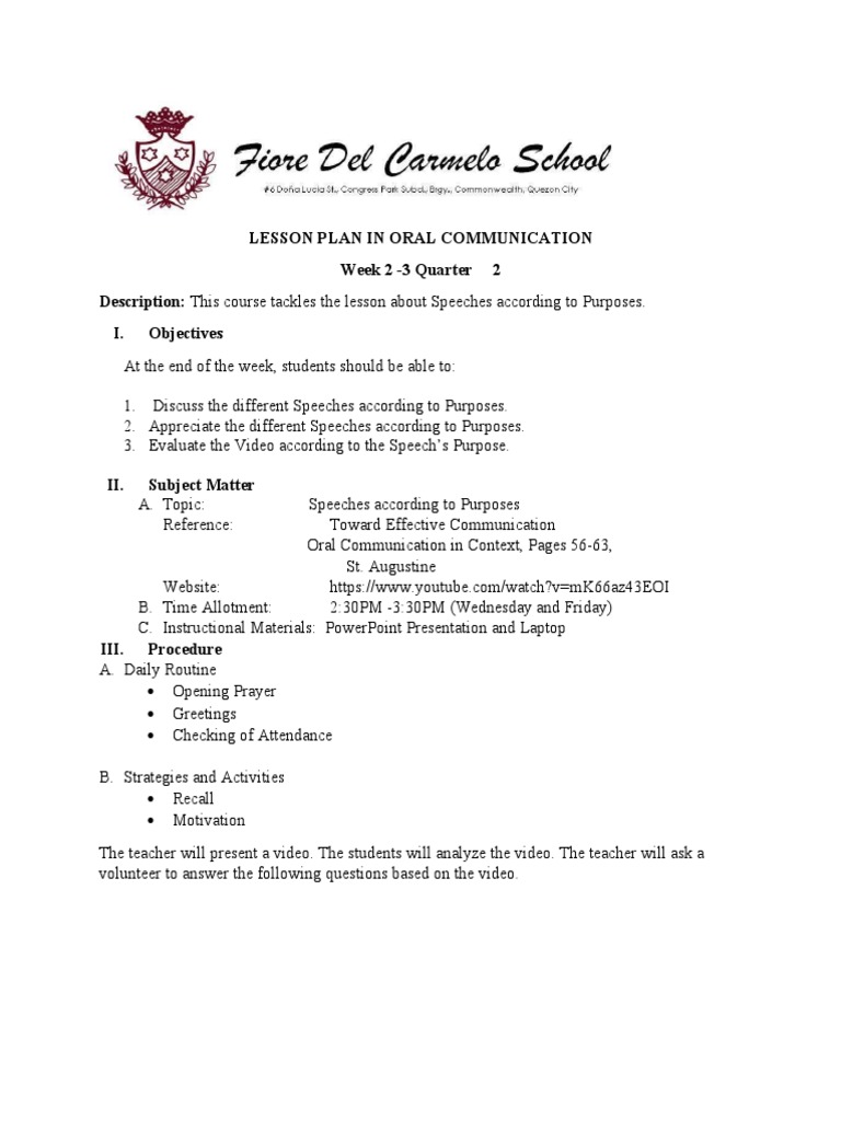 Lesson Plan in Oral Communication W2 Q2 | PDF | Lesson Plan | Teachers
