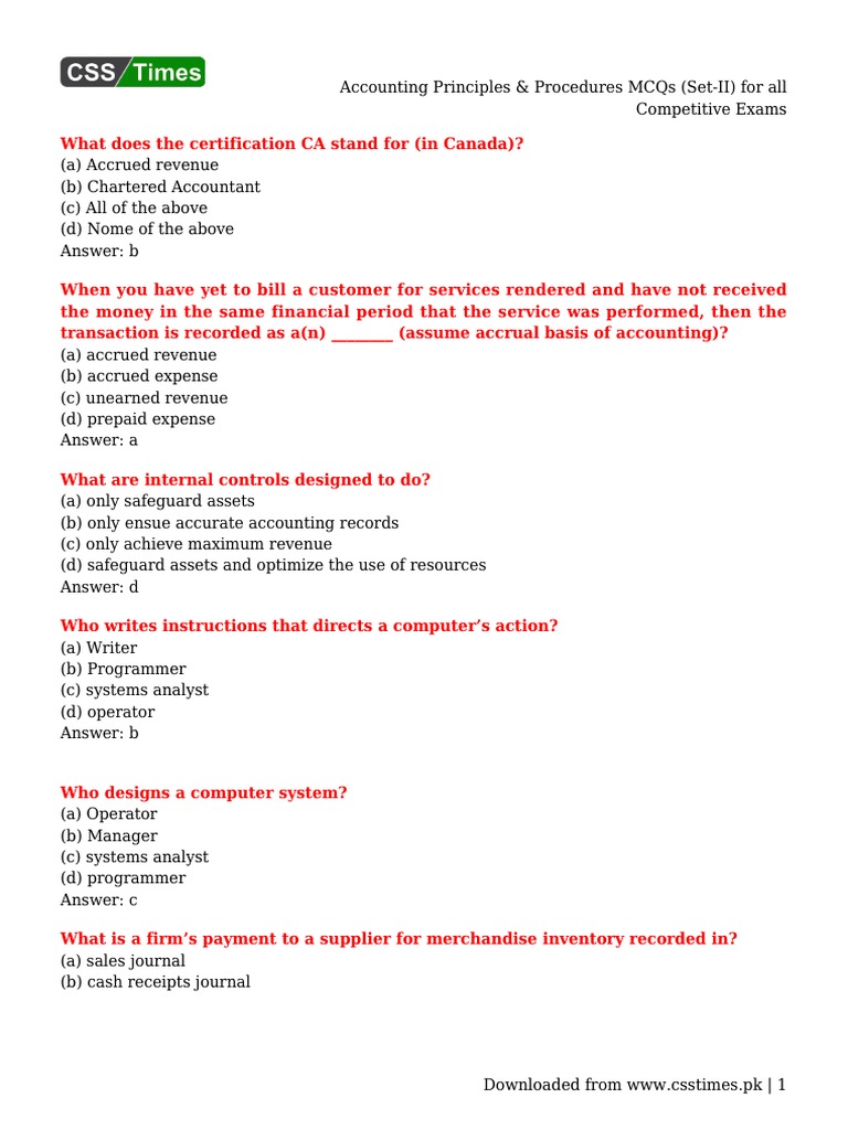 Accounting Principles MCQs for Exams | PDF | Debits And Credits ...