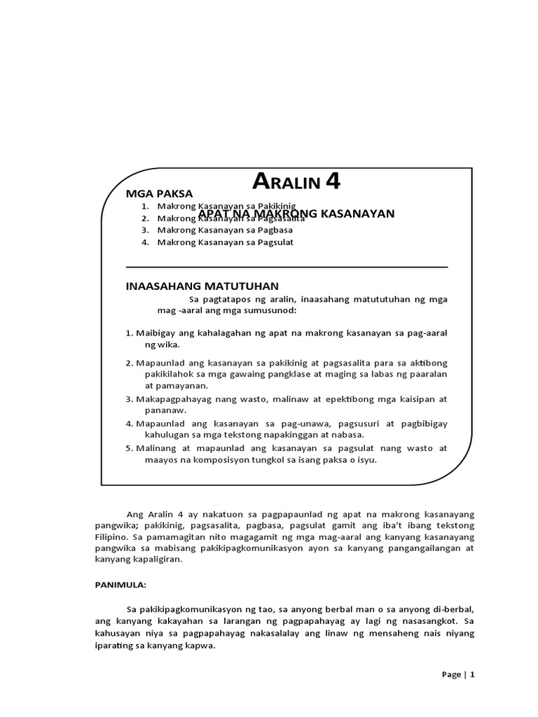 Aralin 4 Makrong Kasanayan | PDF