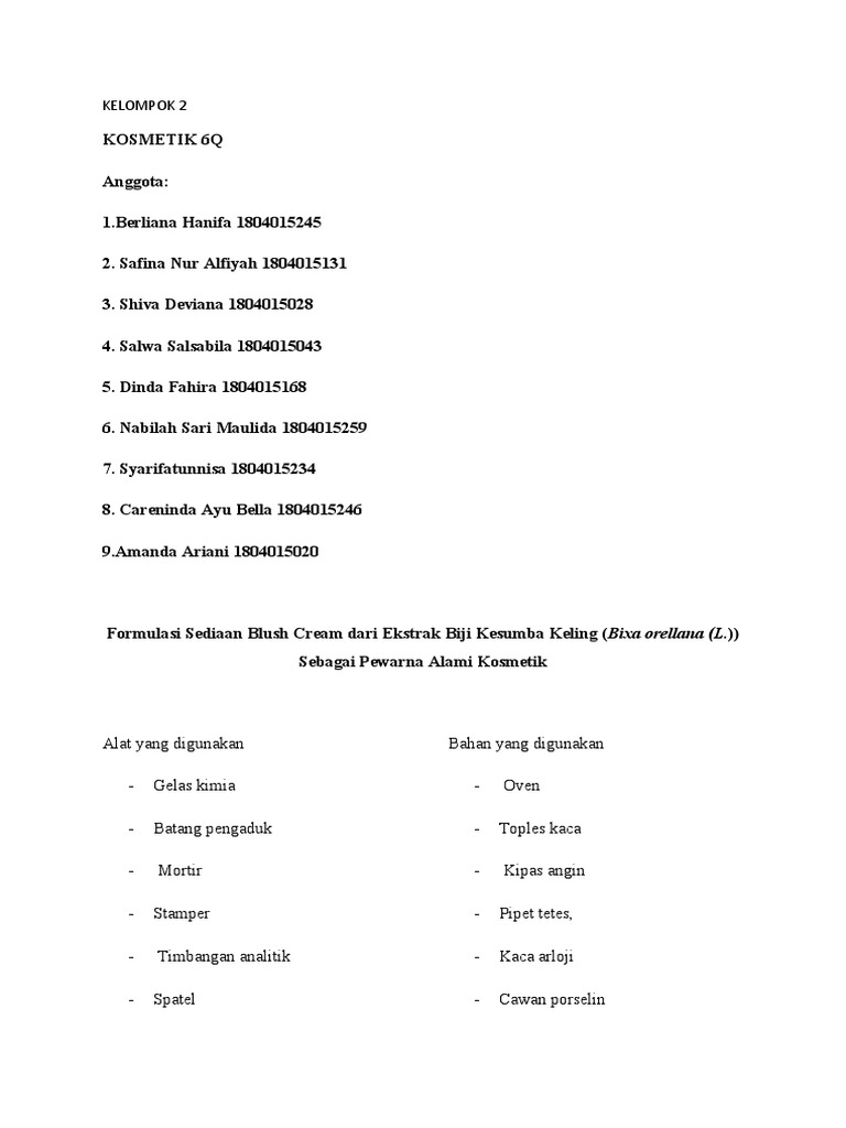 Formulasi Sediaan Blush Cream Dari Ekstrak Biji Kesumba Keling | PDF