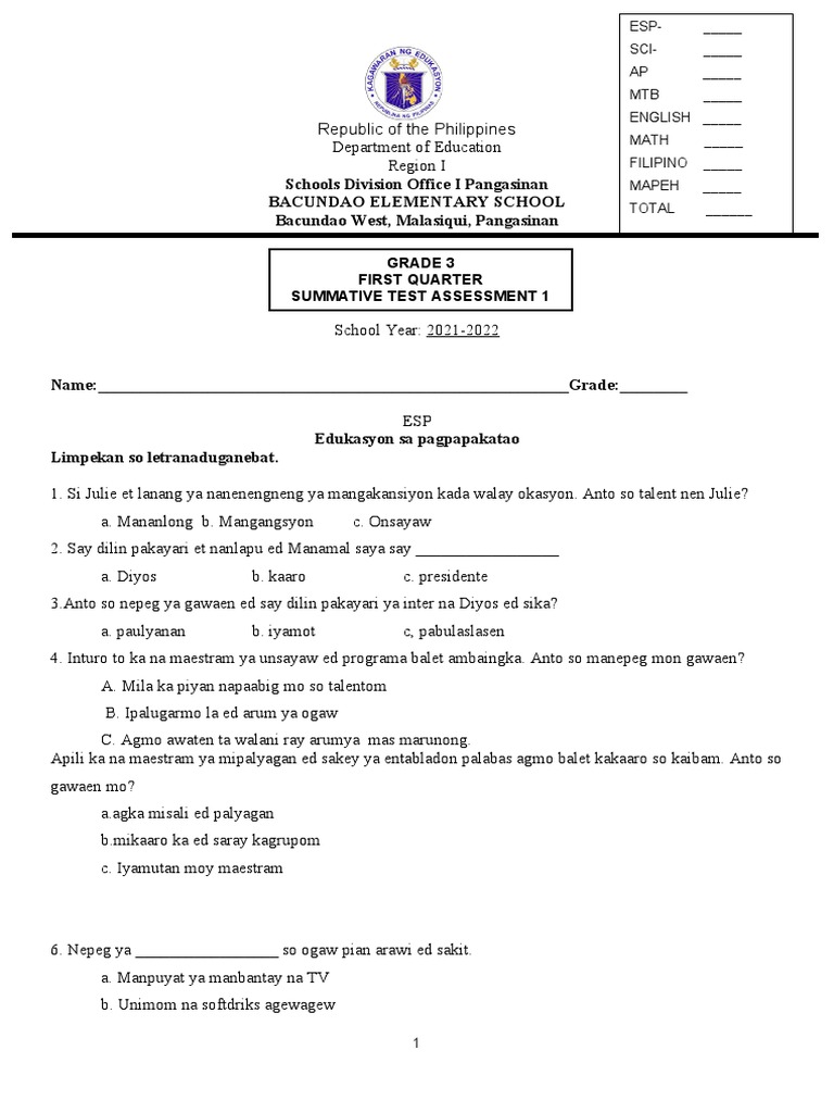 Firs Quarter-First Summative Test | PDF