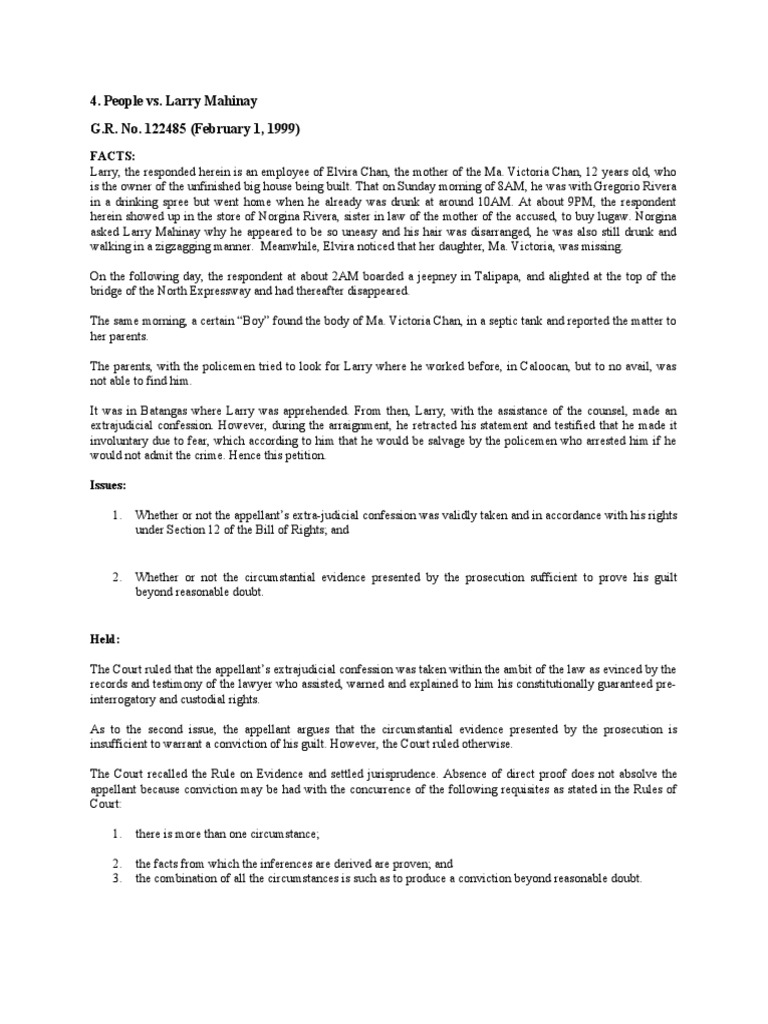 People Vs Mahinay Case Digest | PDF | Reasonable Doubt | Circumstantial ...