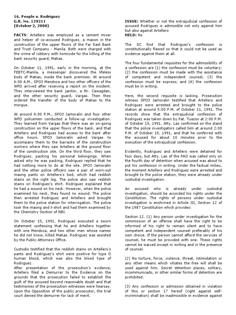 People Vs Rodriguez Case Digest | Download Free PDF | Confession (Law ...