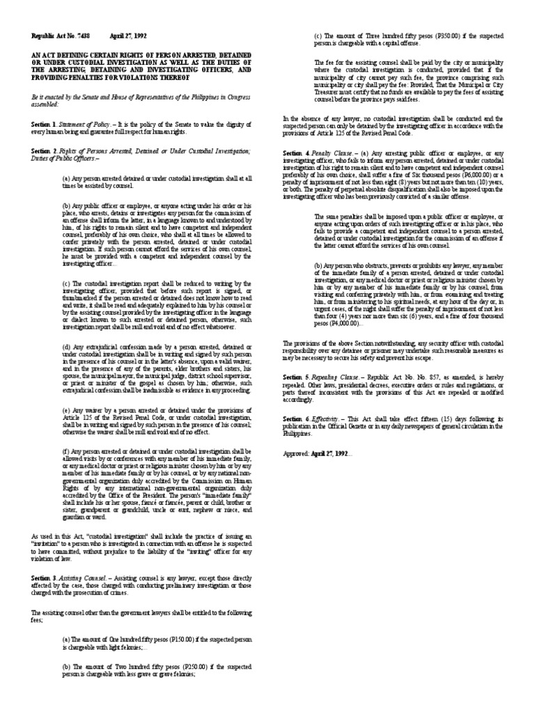 Republic Act No. 7438 | PDF | Right To Silence | Detention (Imprisonment)