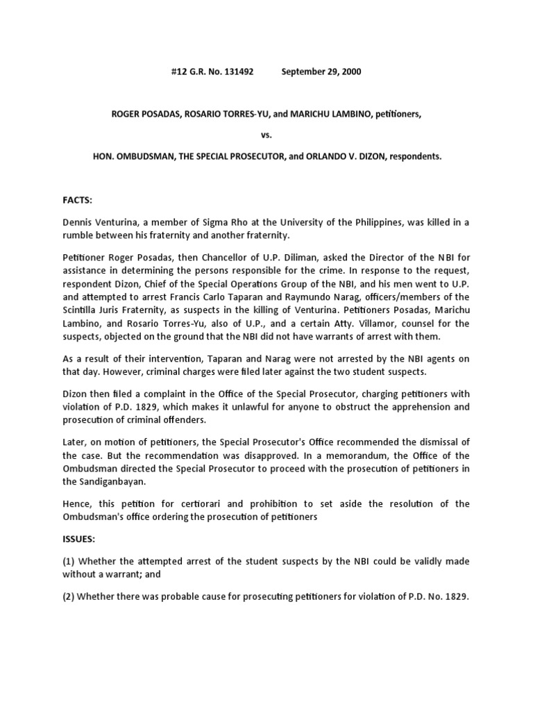 Posadas V Ombudsman Digest | PDF | Arrest | Probable Cause