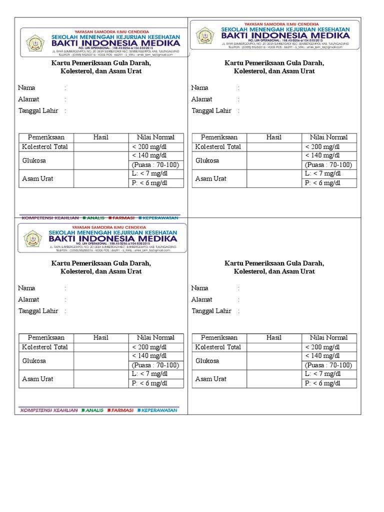 Kartu Pemeriksaan Gula Darah | PDF
