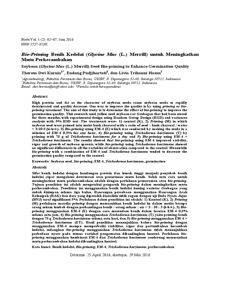 Bio-Priming Benih Kedelai (Glycine Max (L.) Merrill) Untuk Meningkatkan ...