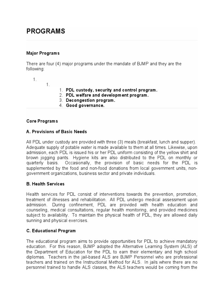 BJMP Programs | PDF | Disability | Prison