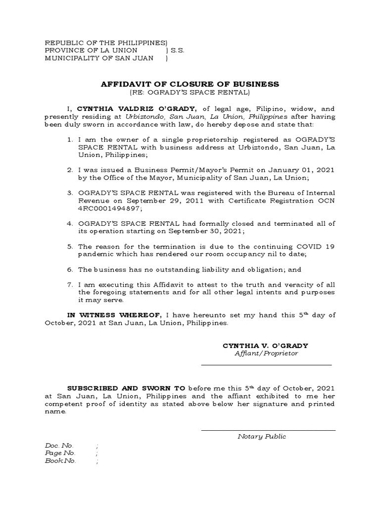 Affidavit of Closure of Business Cynthia V O'grady | PDF