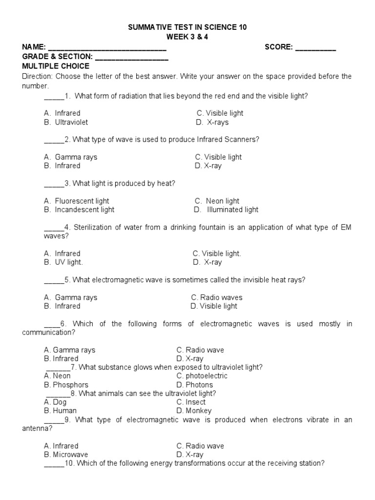 SUMMATIVE TEST IN SCIENCE 10 Week 3 & 4 | PDF | Electromagnetic ...