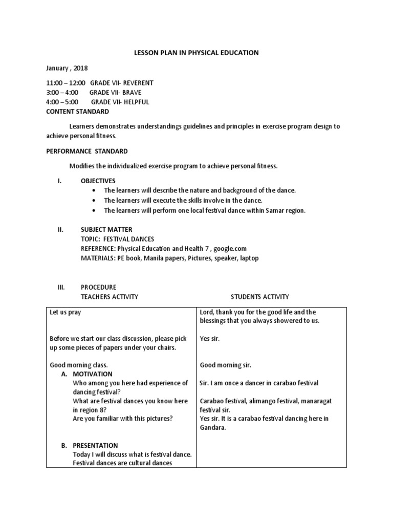 Lesson Plan in Physical Education | PDF | Physical Education | Dances