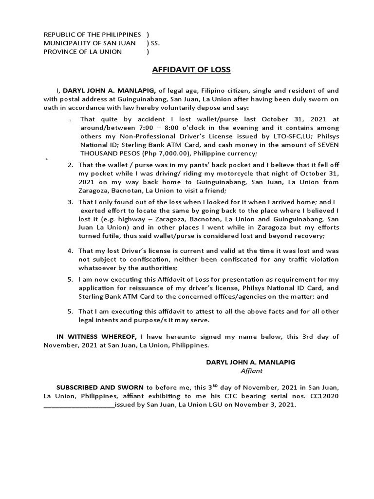 Affidavit of Loss for National ID | PDF | Affidavit | Driver's License