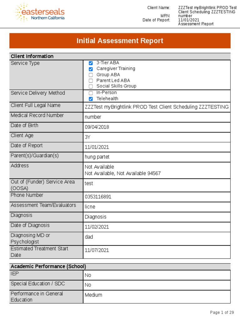 Initial Assessment Report: Client Information | PDF | Autism Spectrum ...